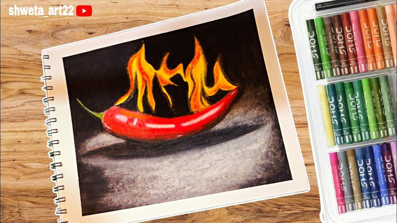 very easy realistic oil pastel 😍🌶️ || red chilli on fire drawing ️ ...
