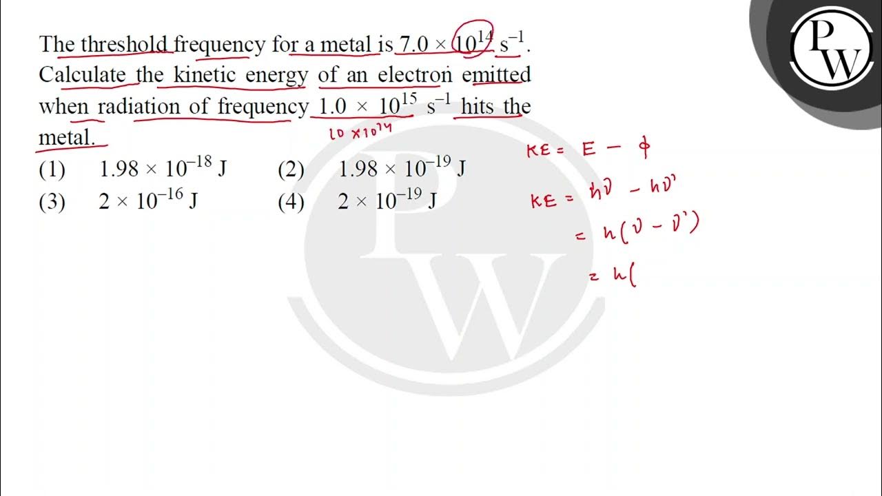The threshold frequency for a metal is \( 7.0 \times 10^{14} \mathrm{~s ...