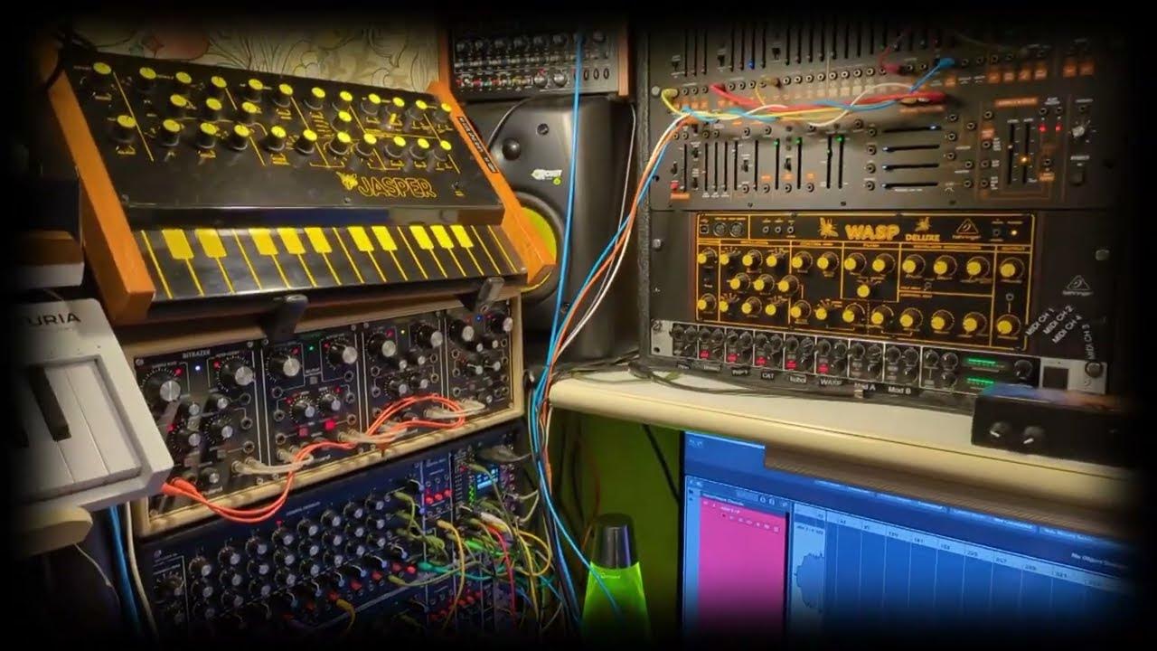 Behringer 2600 and two system 55 modulars sequenced by three 960 sequencers - player's eye view ...
