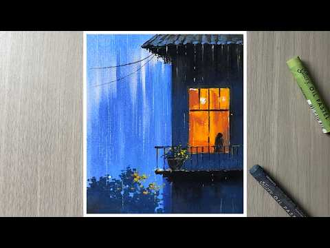 When Rain Meet Night | Dreamy Oil Pastel Scenery for Beginner