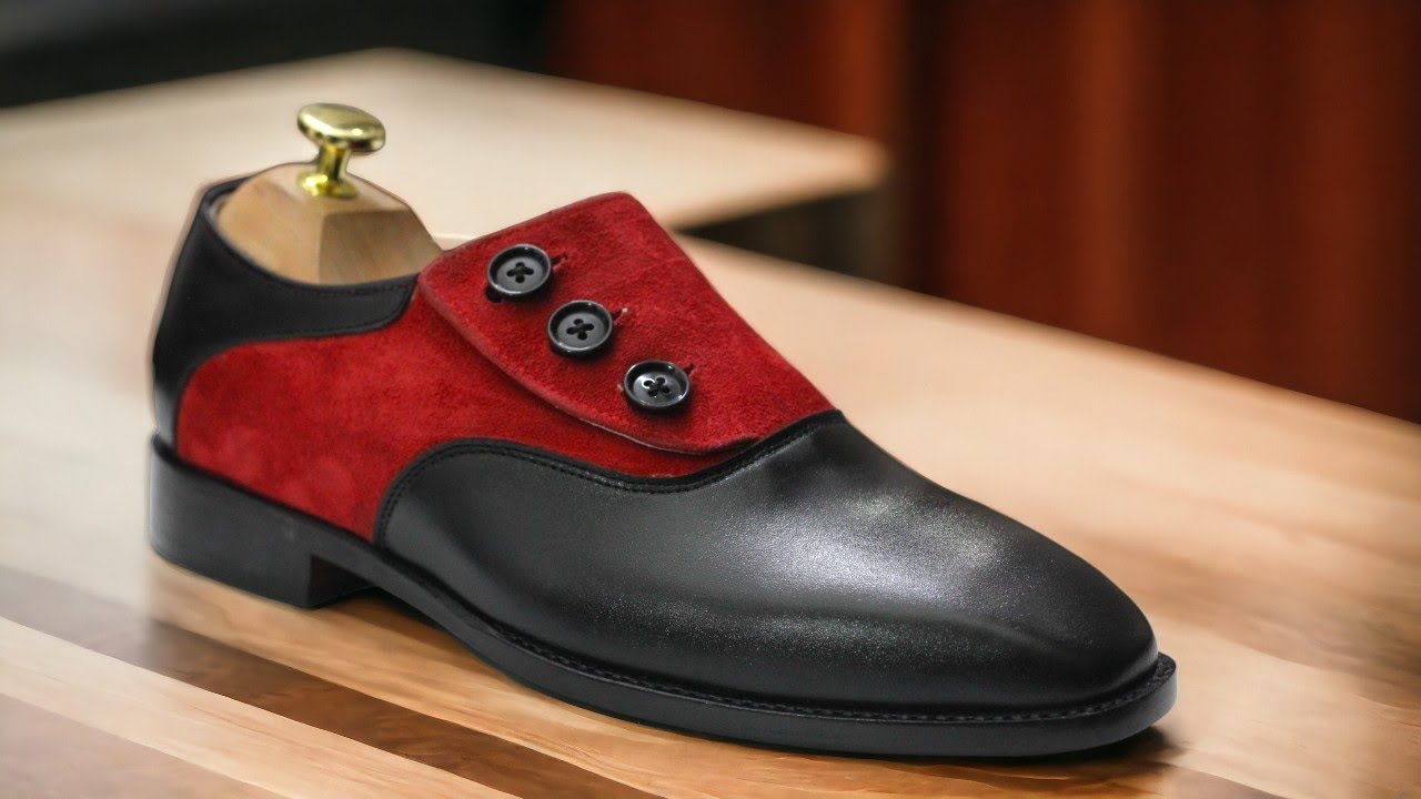 Handmade Black Burgundy Button Shoes, Men Leather & Suede Designer ...
