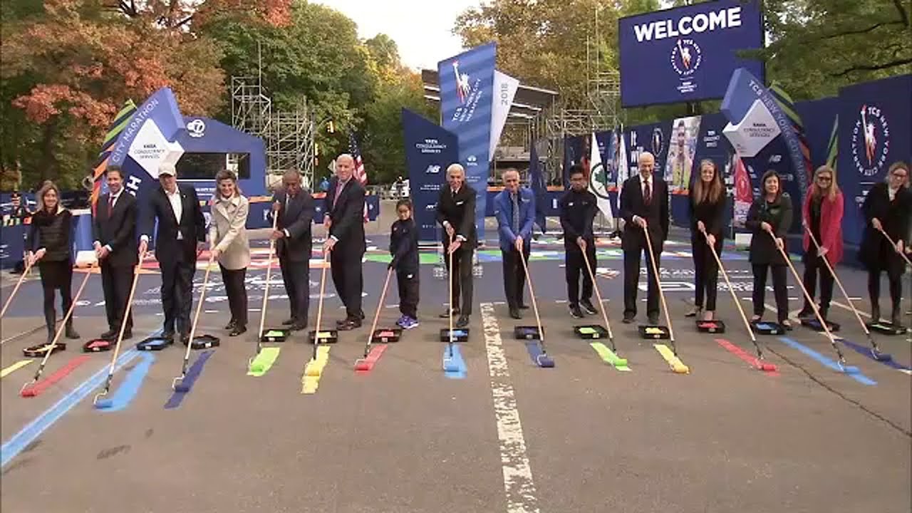 TCS NYC Marathon blue line painting ceremony - YouTube