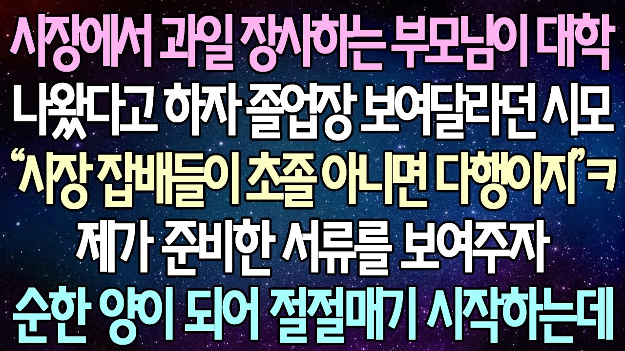반전 사연 시장에서 과일 장사하는 부모님이 대학 나왔다고 하자 졸업장 보여달라던 시모 제가 한번에 서류를 보여주자 순한 양이
