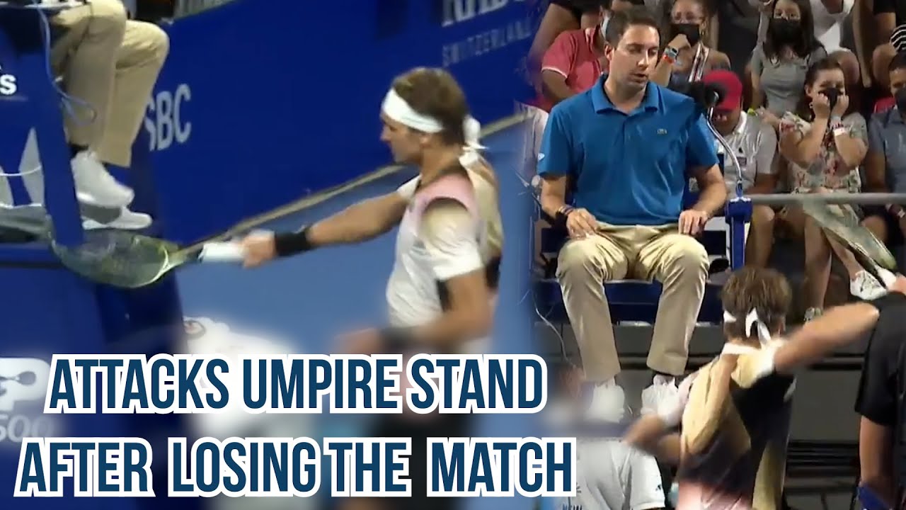 Tennis player slams umpires chair with his racket, a breakdown - YouTube