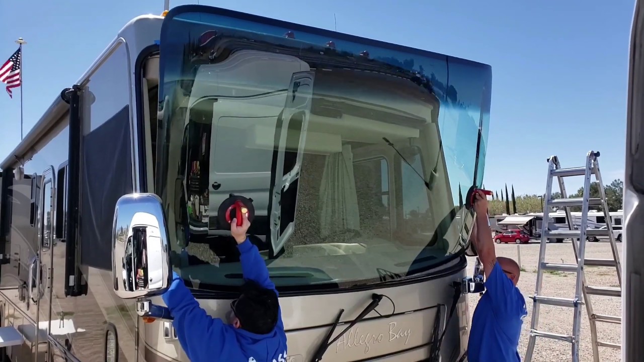 Tiffin Allegro Bay RV One Piece Windshield installation - YouTube