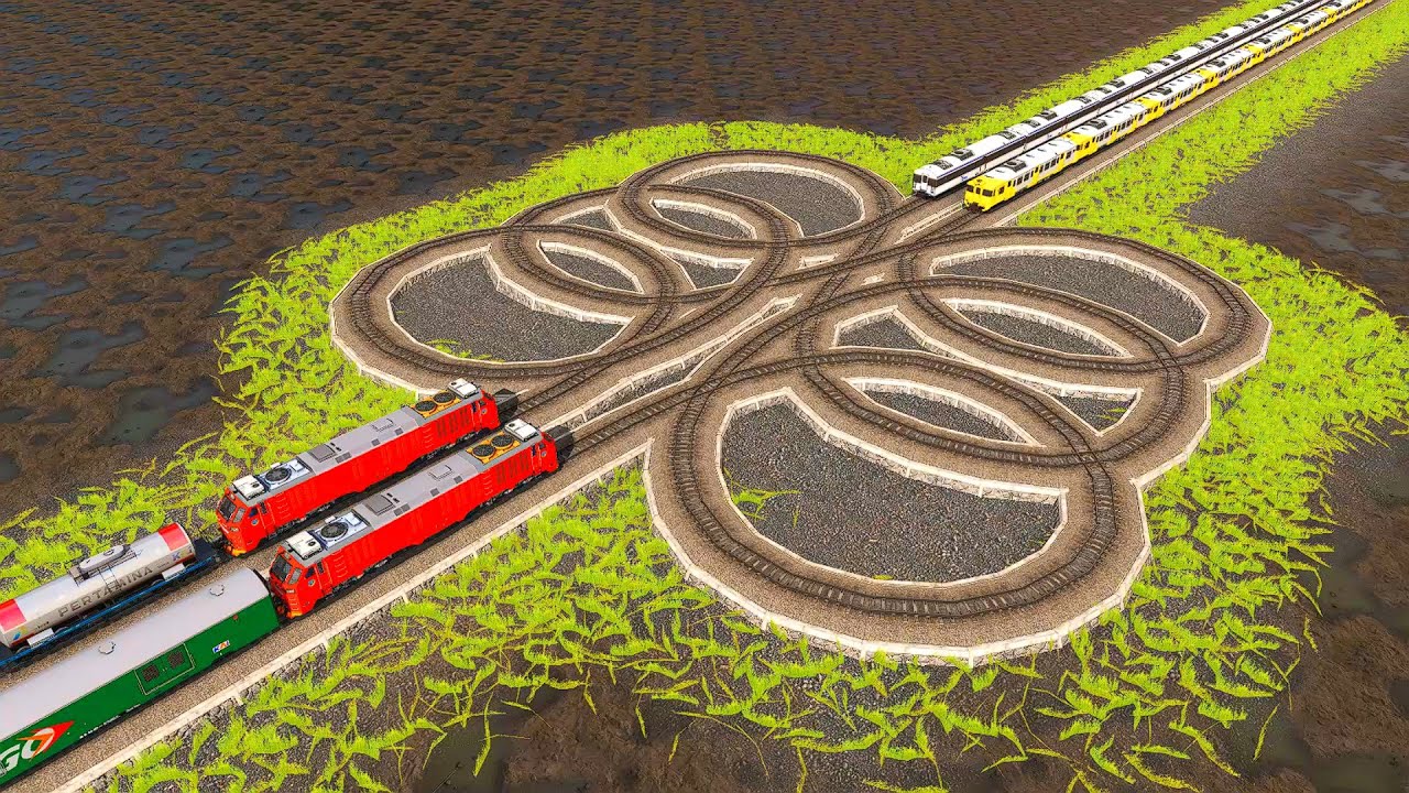 4 Different Trains Crossing On Six Looping Railroad Track | Rel Kereta ...