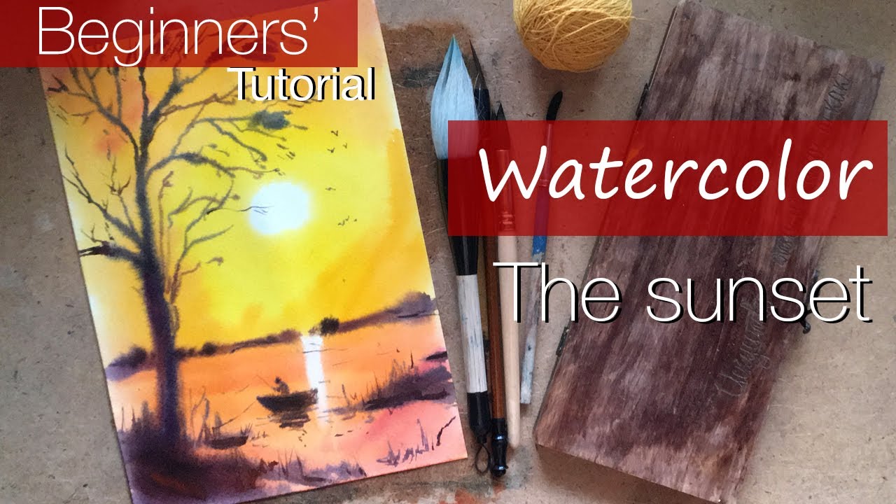 WATERCOLOR TUTORIAL SUNSET LANDSCAPE FOR BEGINNERS - YouTube