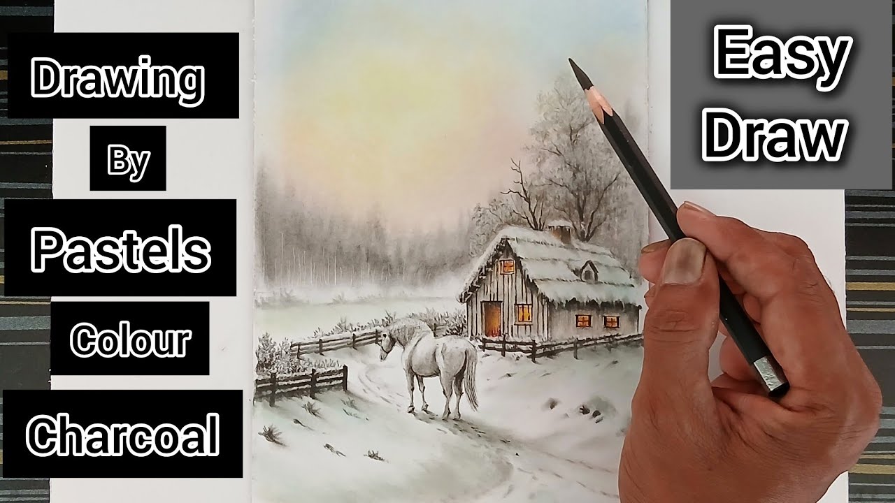 How to draw a winter landscape drawing with a snowy house and a horse ...
