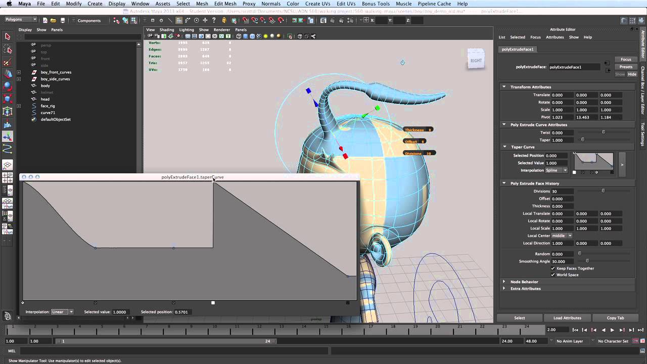 Maya 2013: Poly extrusion along a path, taper curve fun - YouTube