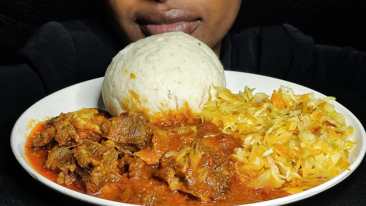 Asmr eating fufu/pap,steamed cabbage and beef - YouTube