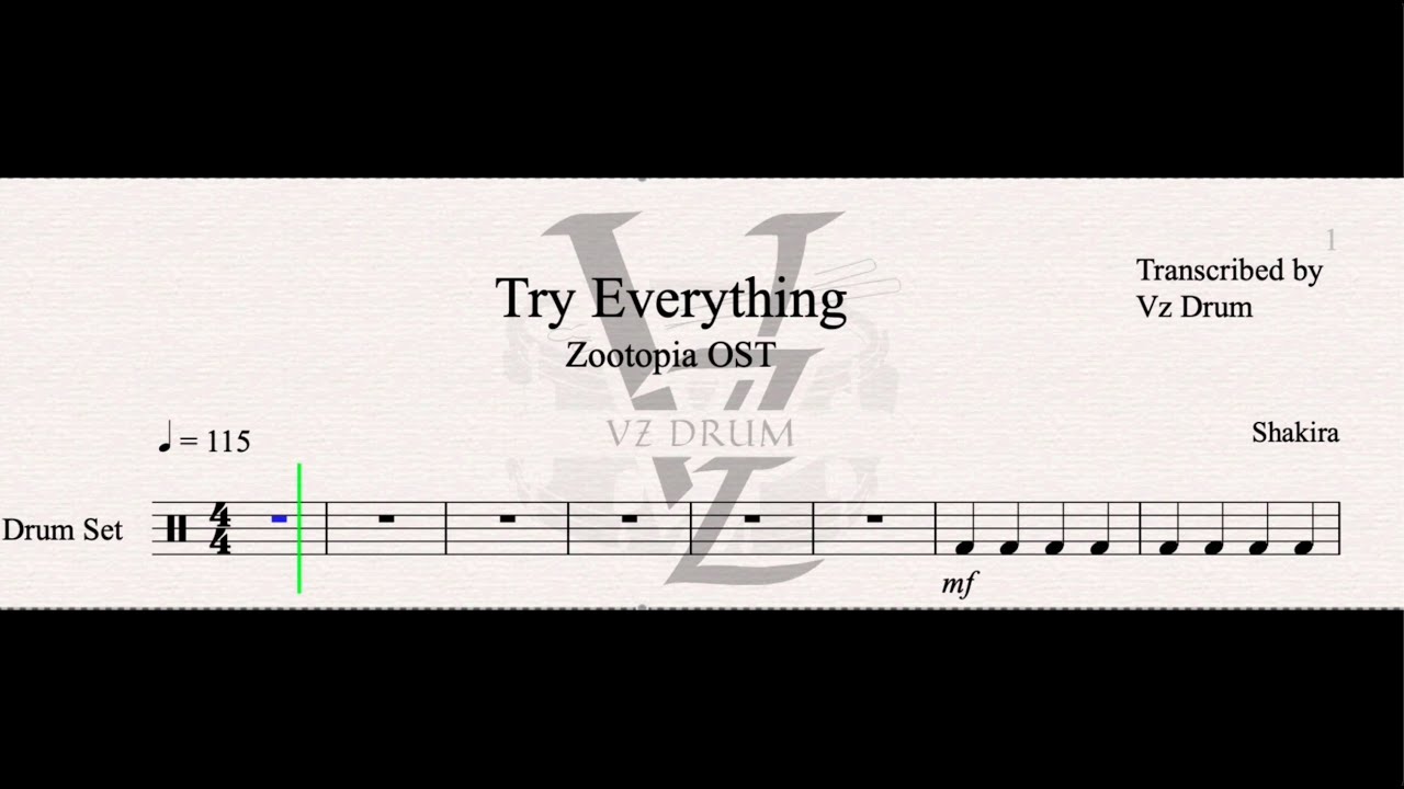 Shakira - Try Everything (Zootopia OST) Drum Score [ Drum Sheet Music ...