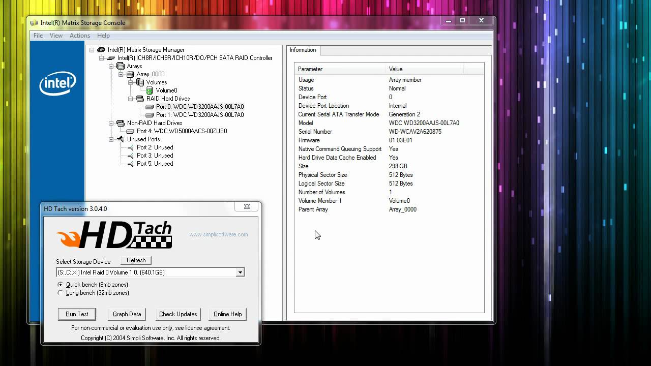 HD Tach Western Digital 320 GB WD3200AAJS RAID 0 on Intel Matrix ...