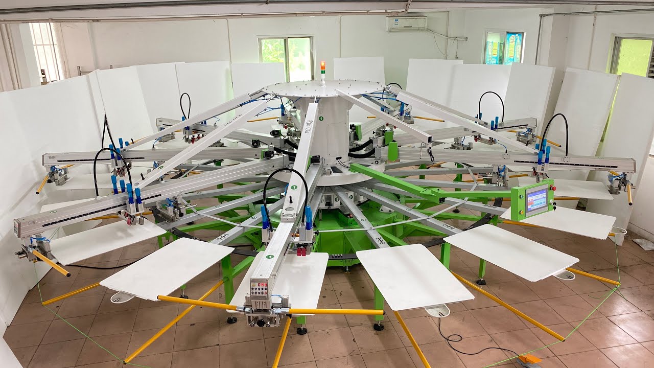 Ruida automatic 8 color 18 stations 60*90cm screen printer - YouTube