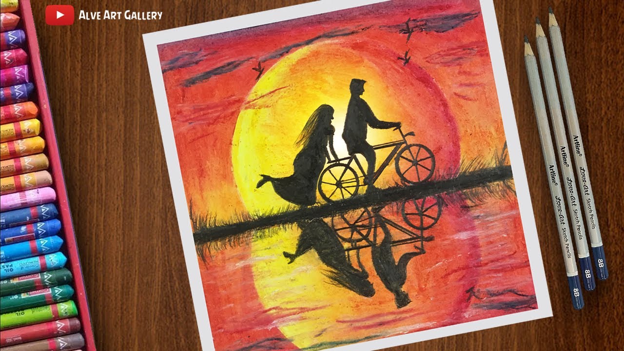 Romantic Couple On a Sunset Reflection Scenery Drawing | Oil Pastel ...