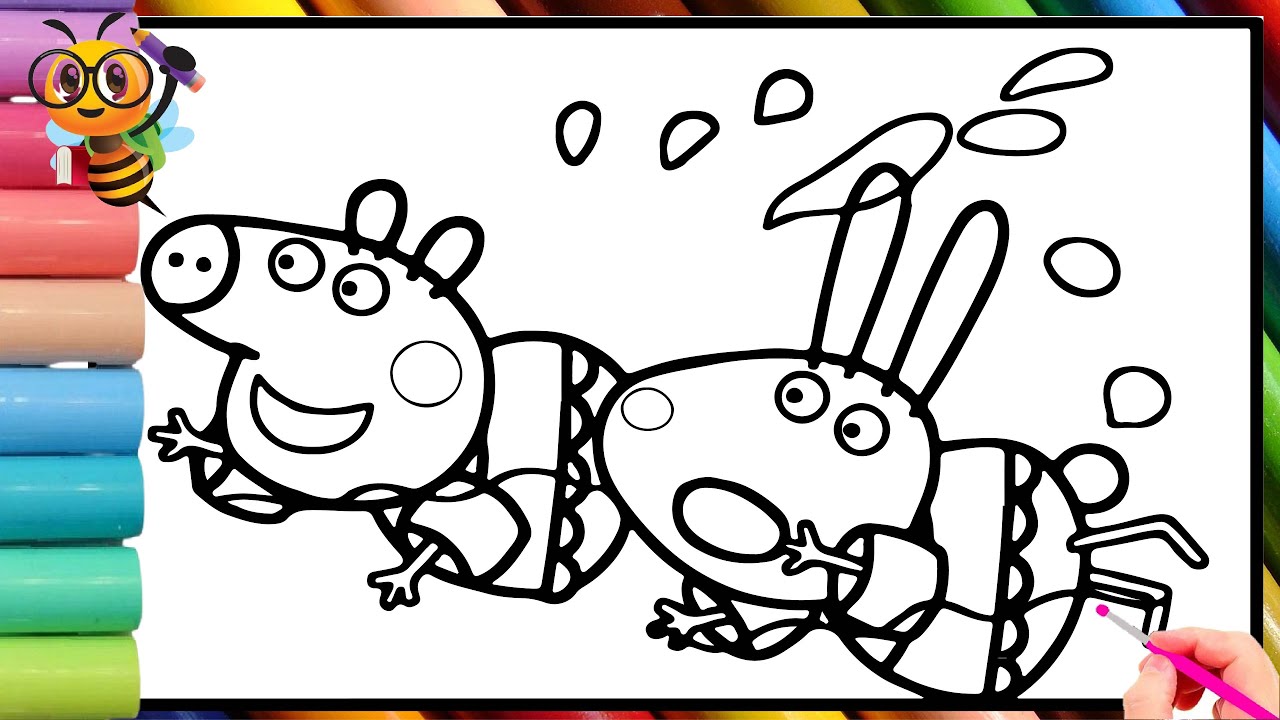 Peppa Pig and Rebecca Rabbit Swimming drawing and coloring.Peppa Pig ...