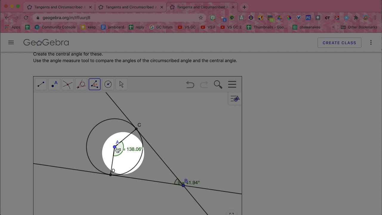 Using GeoGebra to explore the relationship between the central angle and the circumscribed angle ...