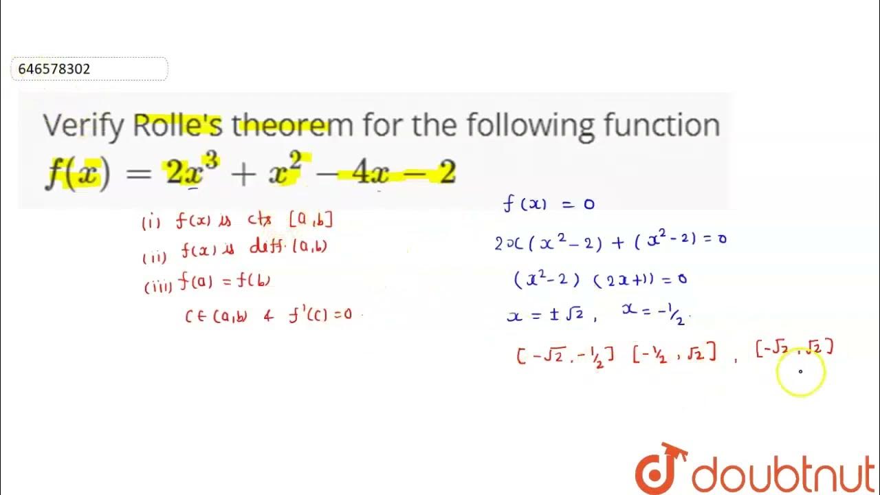Verify Rolle\'s theorem for the following function f(x) = 2x^(3) + x^(2) - 4x-2 | CLASS 12 | LI ...