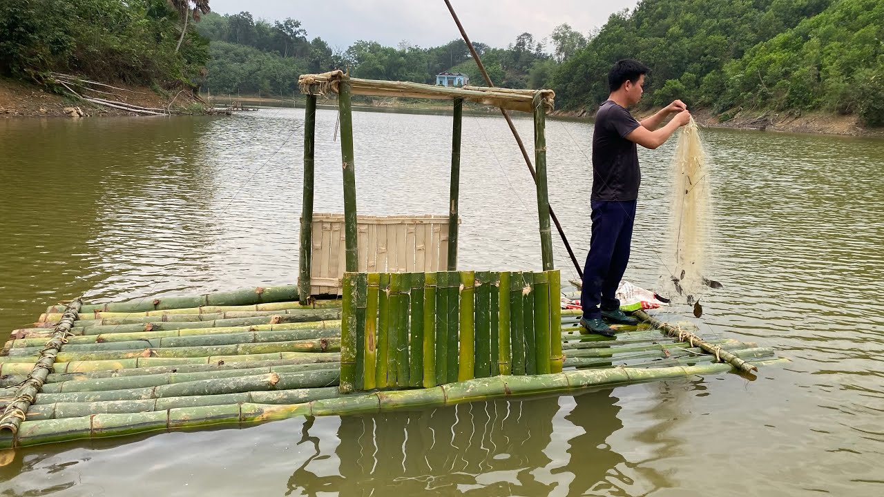 making a raft with a canopy, catching fish on an irrigation lake, daily ...