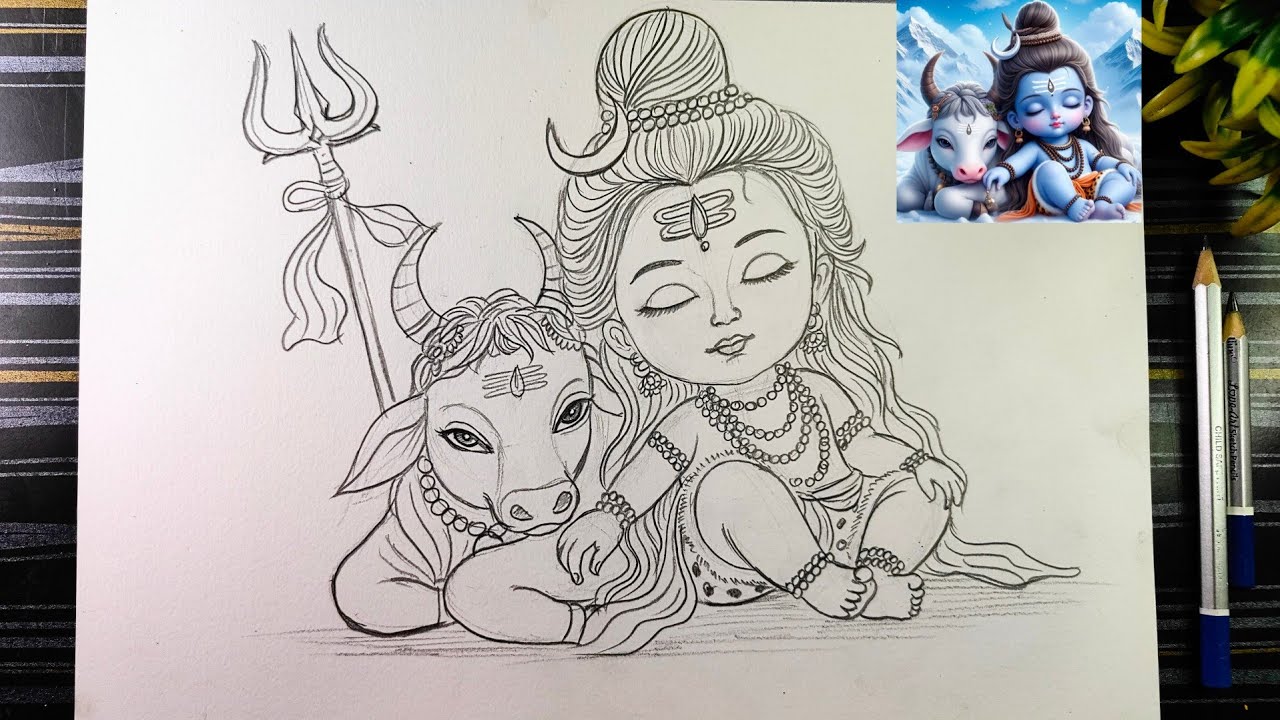 How to draw Cute Shiva with Nandi | Lord Mahadev Drawing | Easy drawing ...