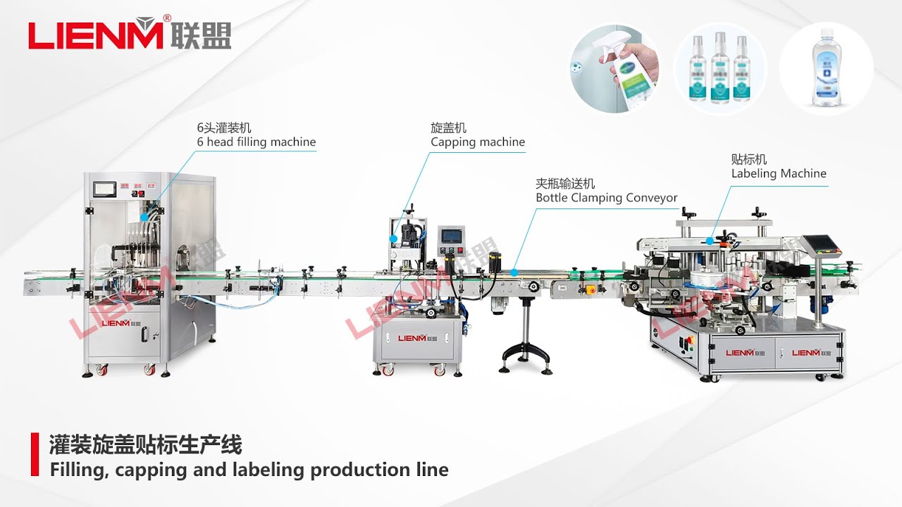 Filling capping and labeling production line - YouTube
