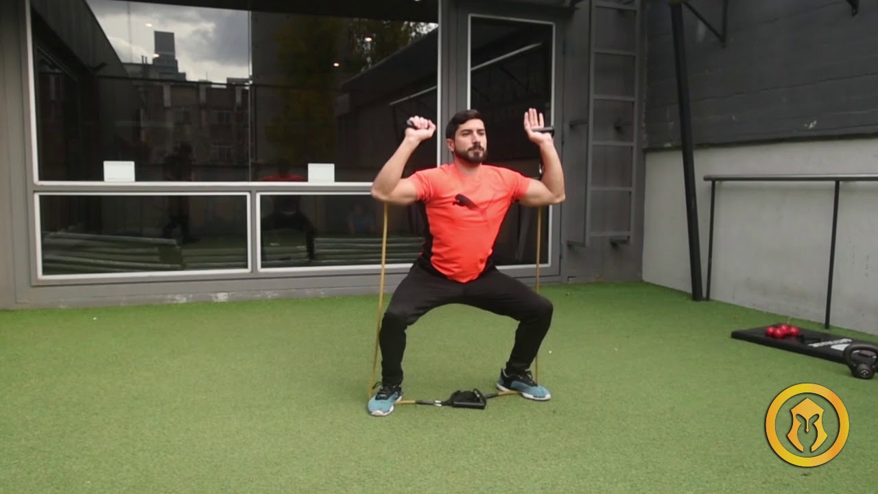 Sentadilla + press de hombros con banda - YouTube