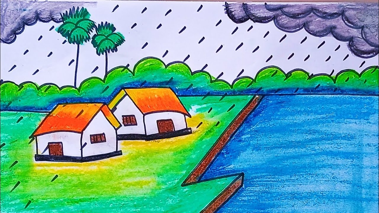 Eazy Rainy season village scenery drawing //step by step rainy season ...