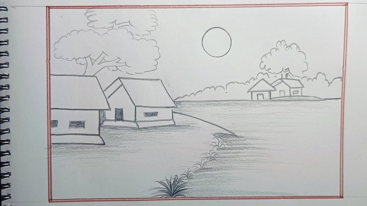 Beautiful sunrise scenery drawing with pencil || Landscape Scenery ...