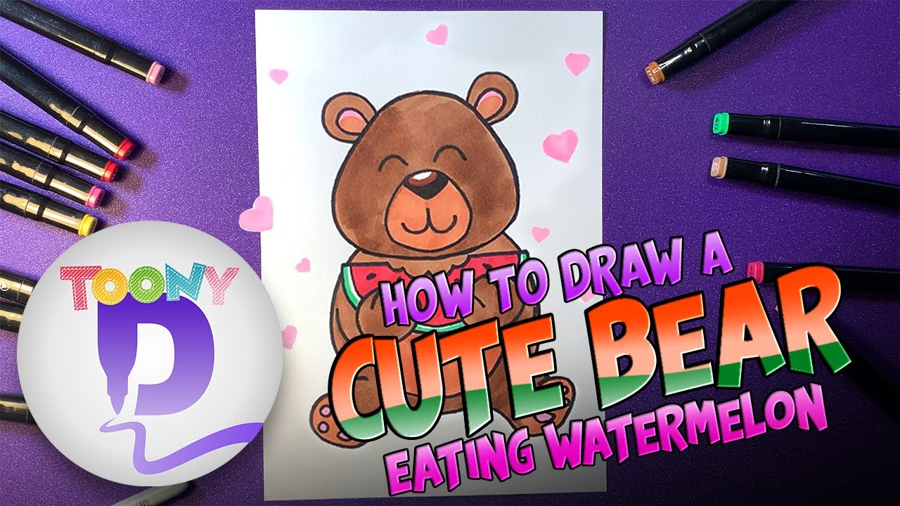 How to Draw a Cute Bear Eating Watermelon - YouTube