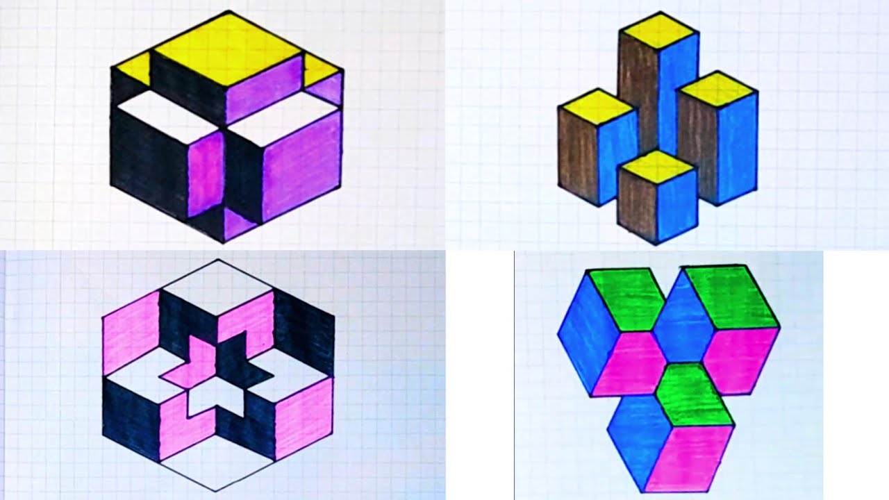 4 simple 3D drawing ideas | 3D drawing tutorial easy step by step - YouTube