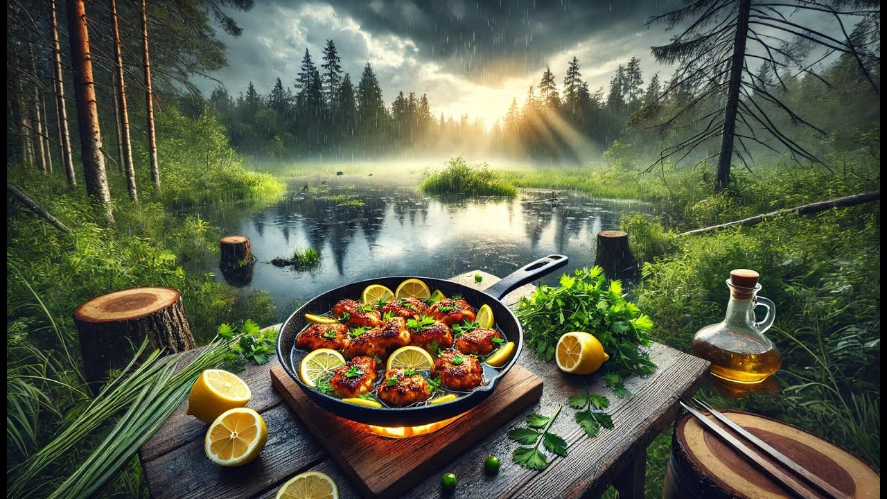 Lemon Chicken at the Pond 🍋🍗 | Rainy Day Outdoor Cooking 🌧 | Creative ...