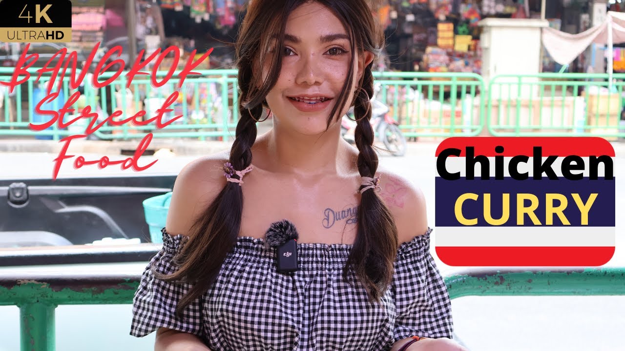 Thai Lady chef cooks Delicious Green curry chicken in Bangkok streets ...