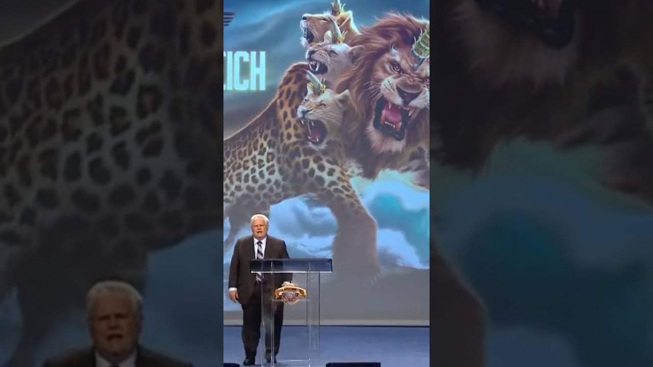 John Hagee shows an illustration of the 7 headed beast from the Book of ...