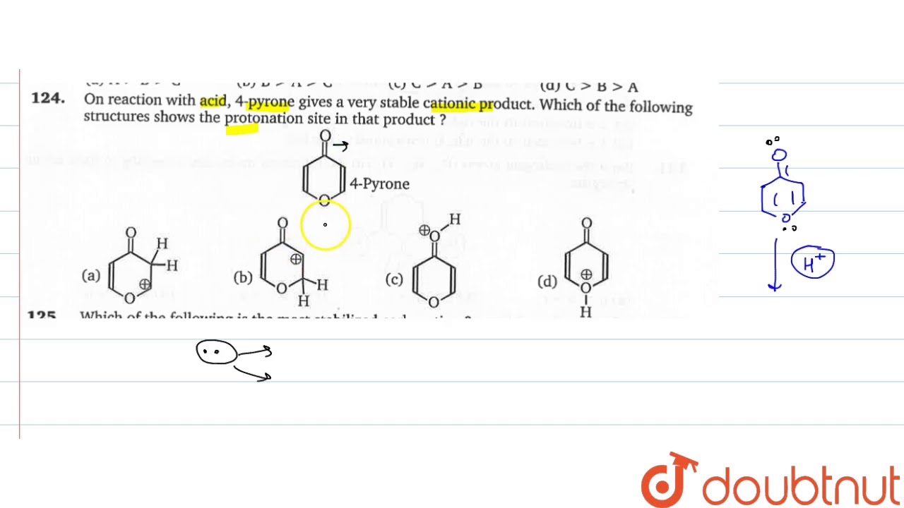 On reaction with acid, 4-pyrone gives a very stable cationic product ...