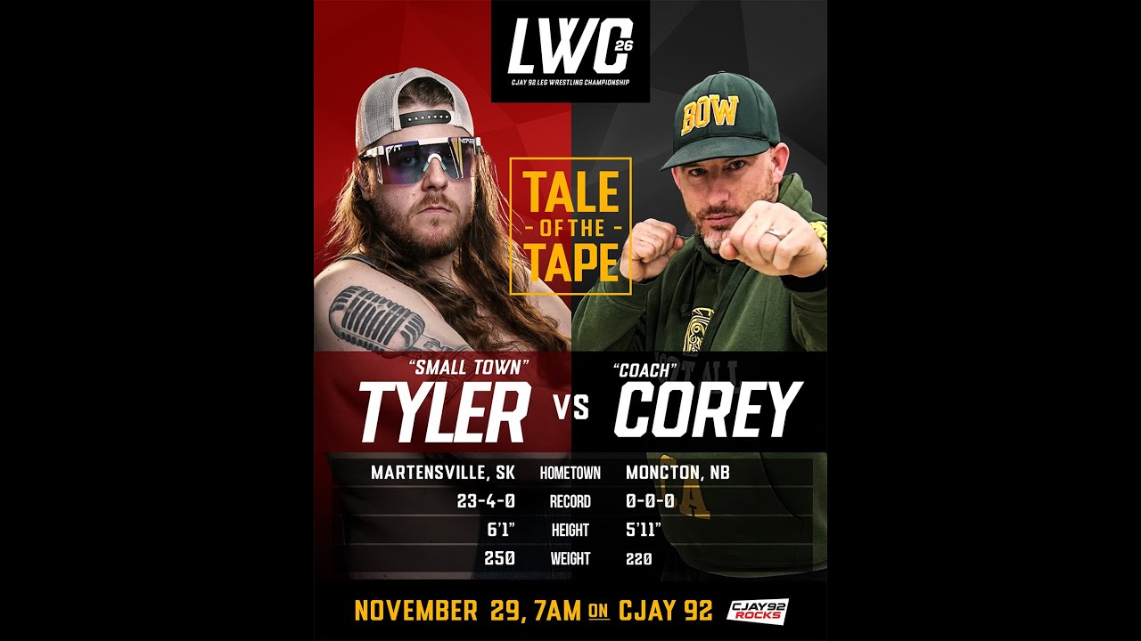CJAY 92 Leg Wrestling Championship 26: Small Town Tyler vs Coach Corey - YouTube