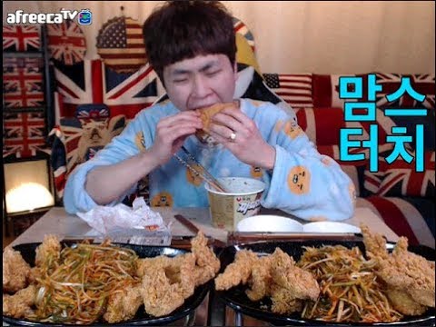 BJ꽃돼지 맘스터치신메뉴+순살치킨+파절이+짜파게티 먹방