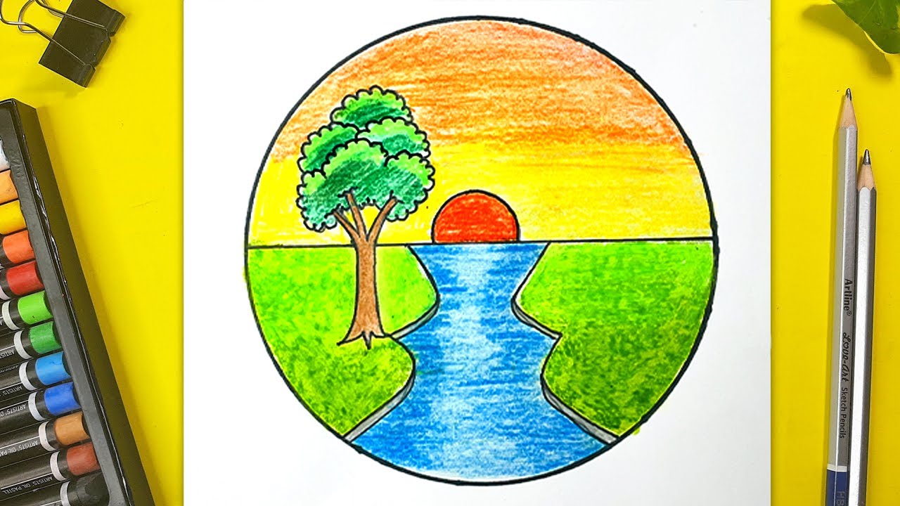 How to draw a river sunset scenery. Village riverside drawing. Sunset ...