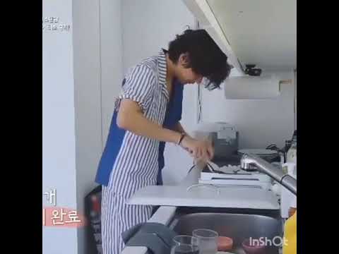 v cooking food and feeding jin in a cute blue dress \