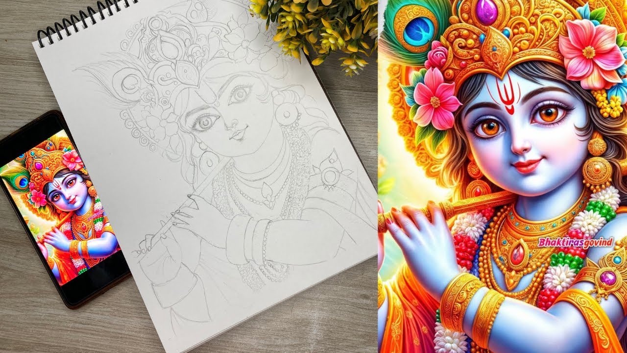 shree krishna drawing🙏||Janmashtami special drawing|| Outline tutorial||How to draw krishna ...