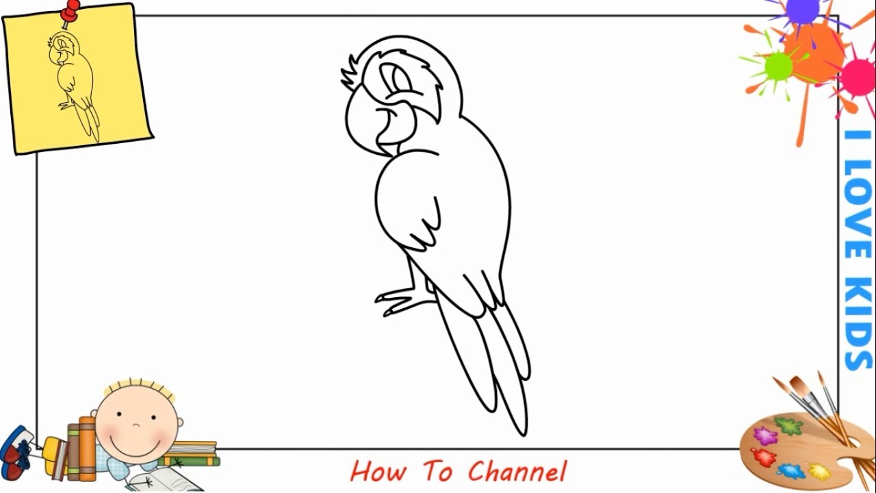 How to draw a parrot EASY step by step for kids, beginners, children 2 ...