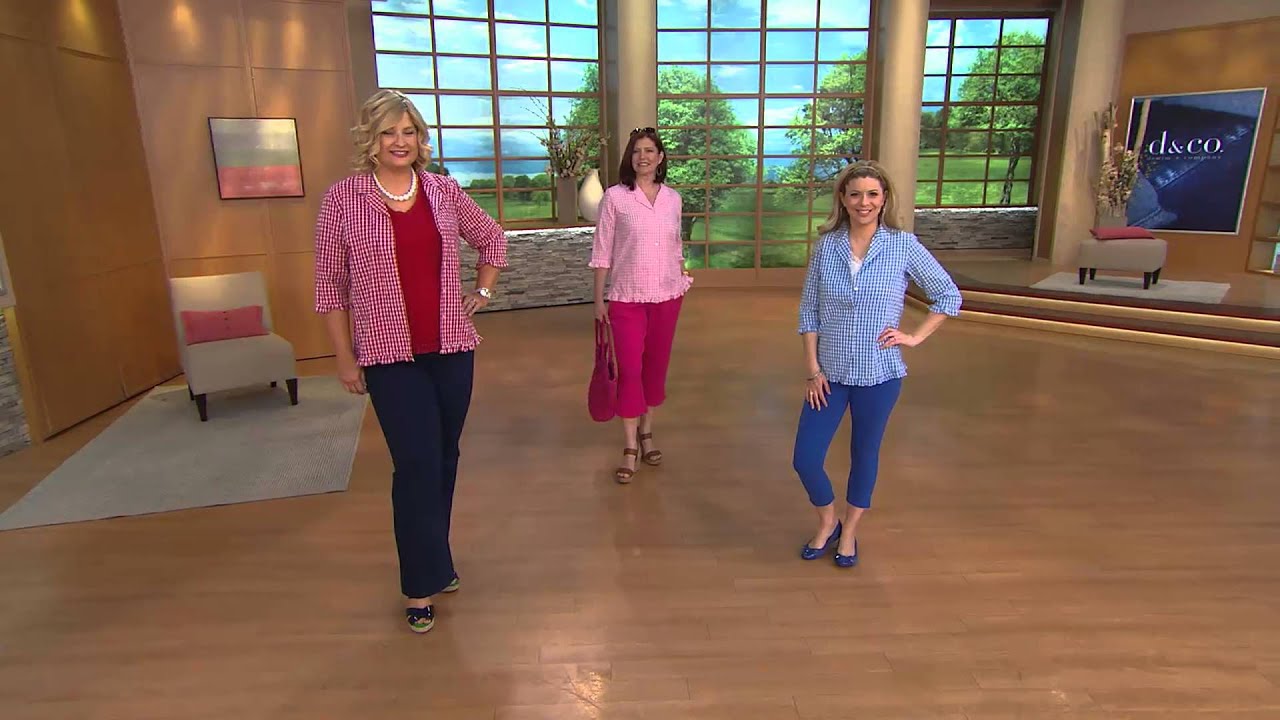 Denim & Co. Seersucker Gingham 3/4 Sleeve Ruffle Shirt with Sharon ...