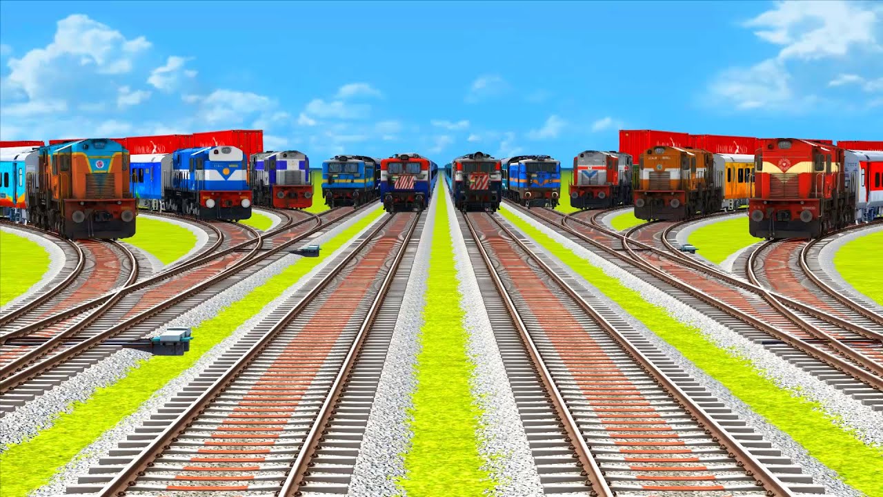🔟MANY TRAIN CROSSING ON BUMPY FORKED RAILROAD TRACK🚦3D TRAIN🚇INDIAN ...