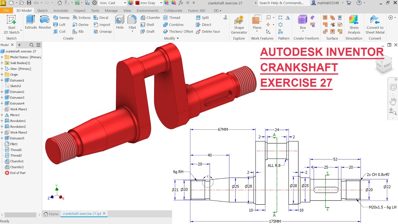 Autodesk Inventor Tutorial Crankshaft Exercise 27 Youtube