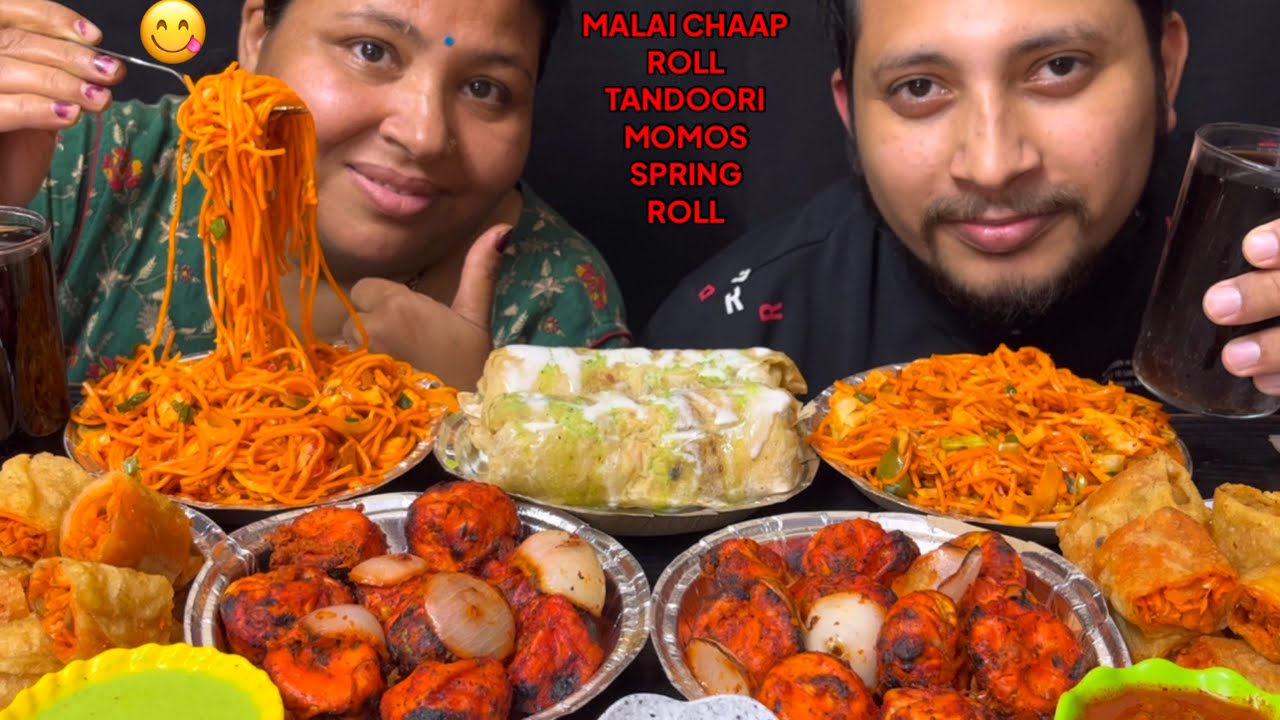 Eating Malai Chaap Roll, Tandoori Momos, Veg Spring Roll, Veg NoodleI ...