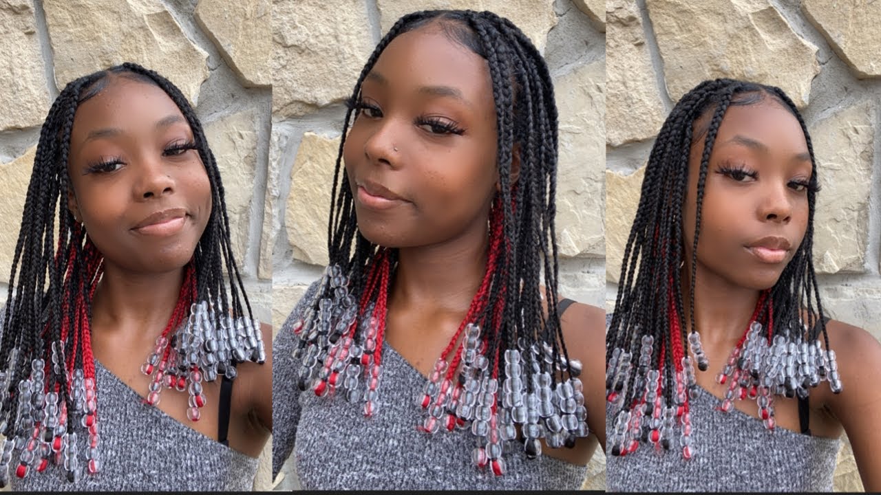 ⚜️KNOTLESS BOX BRAIDS W/ BEADS! | RED PEEK-A-BOO🔴⚪️ | TUTORIAL ...