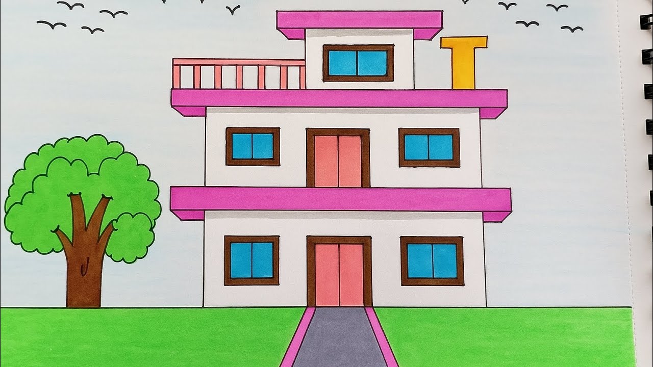 How to draw a realistic house/ how to draw a house and colour it/ Ghar ...