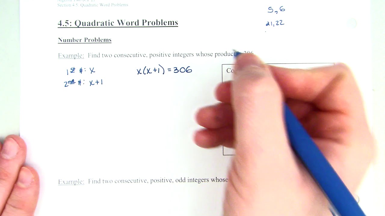 Algebra Two (CP 2) - Section 4.5, Part 1 (Quadratic Word Problems ...