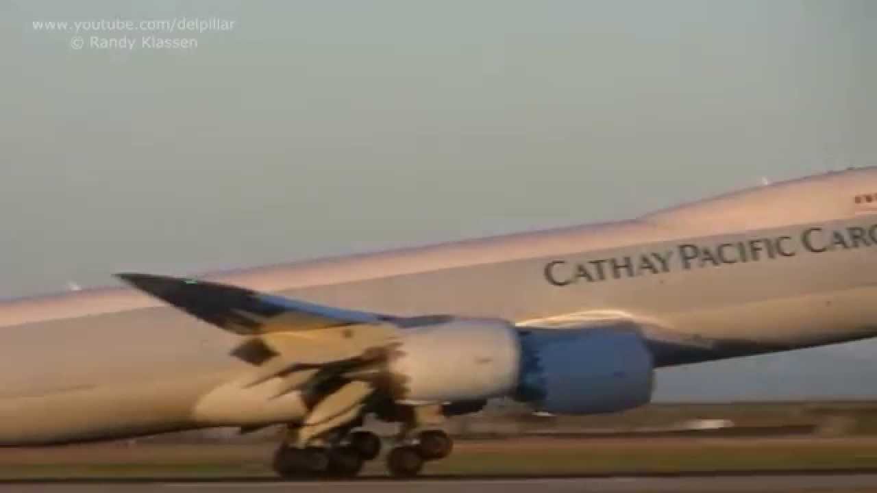 Cathay Pacific B748F morning takeoff at Vancouver-YVR - YouTube
