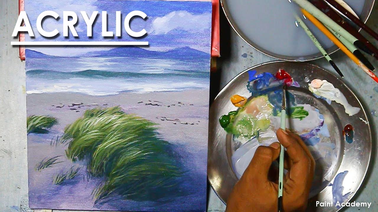 Acrylic Painting : Composition on A Beautiful Beach with Grasses - YouTube