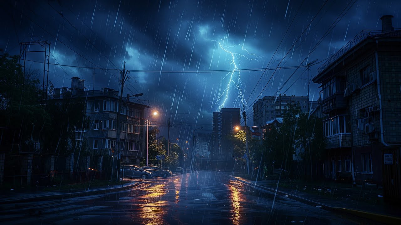 Thunderstorm Over Suburban Street - Rain, Thunder, and Lightning Sounds ...
