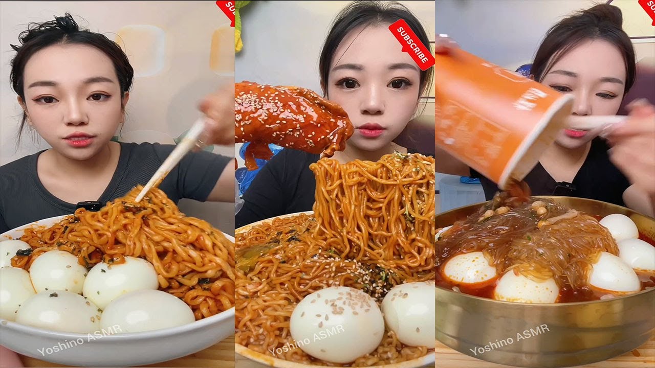 Smokey Noodle Eating Show Boiled Noodles With Spicy Sauce, Fried Eggs ...